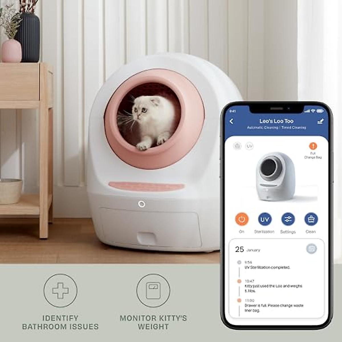 Casa Leo Loo Too Self-Cleaning Litter Box with Anti-Pinch Sensors, Odor Removal, Health Monitoring and Hands-Free App Control for Multiple Cats