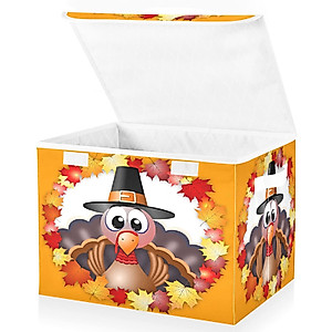 Krafig Thanksgiving Turkey Decorative Storage Box with Lid Large Bins Baskets Collapsible Cube Organizer Foldable Containers for Organizing, Toy, Playroom, Shelf, Closet