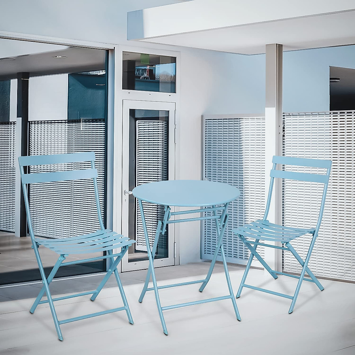 MoNiBloom 3 Piece Patio Bistro Set, Folding Outdoor Metal Patio Furniture Sets Round Table and Chairs for Porch Yard Balcony Garden, Blue