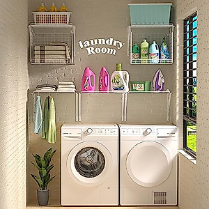 2 Pack Laundry Room Shelves Wall Mounted with Wire Baskets, Over the Washer and Dryer Shelf with Clothes Drying Rack, 8 Hooks，Wire Shelves Baskets for Laundry Closet Organization and Storage, White