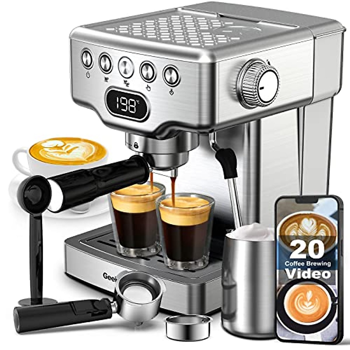 Geek Chef Espresso Machine 20 Bar, Espresso Coffee Maker with Fast Heating Automatic, Latte & Cappuccino Maker with Milk Frother Steam Wand, 1.8L Water Tank, Temperature Display, Stainless Steel