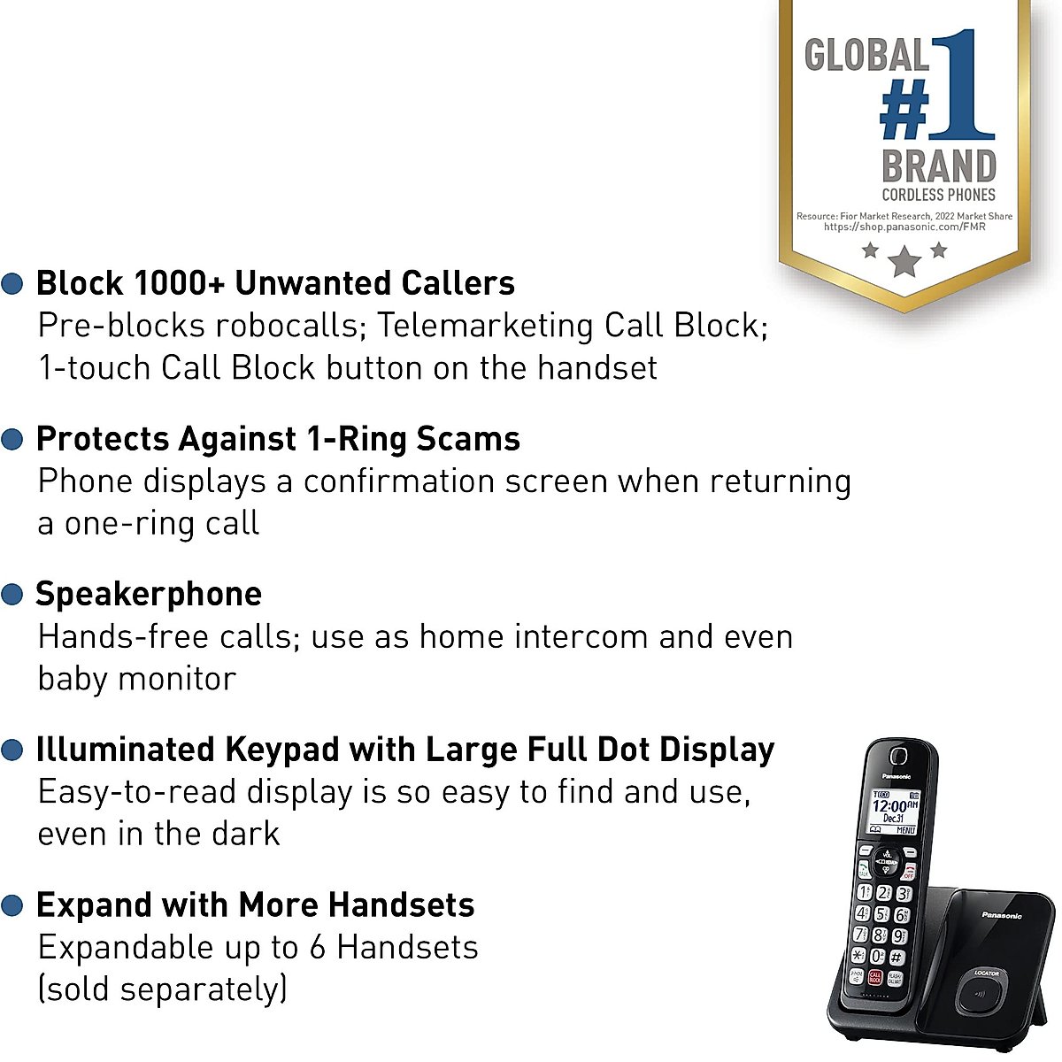 Panasonic Cordless Phone with Advanced Call Block, Bilingual Caller ID and Easy to Read Large High-Contrast Display, Expandable System with 1 Handset - KX-TGD810B (Black)