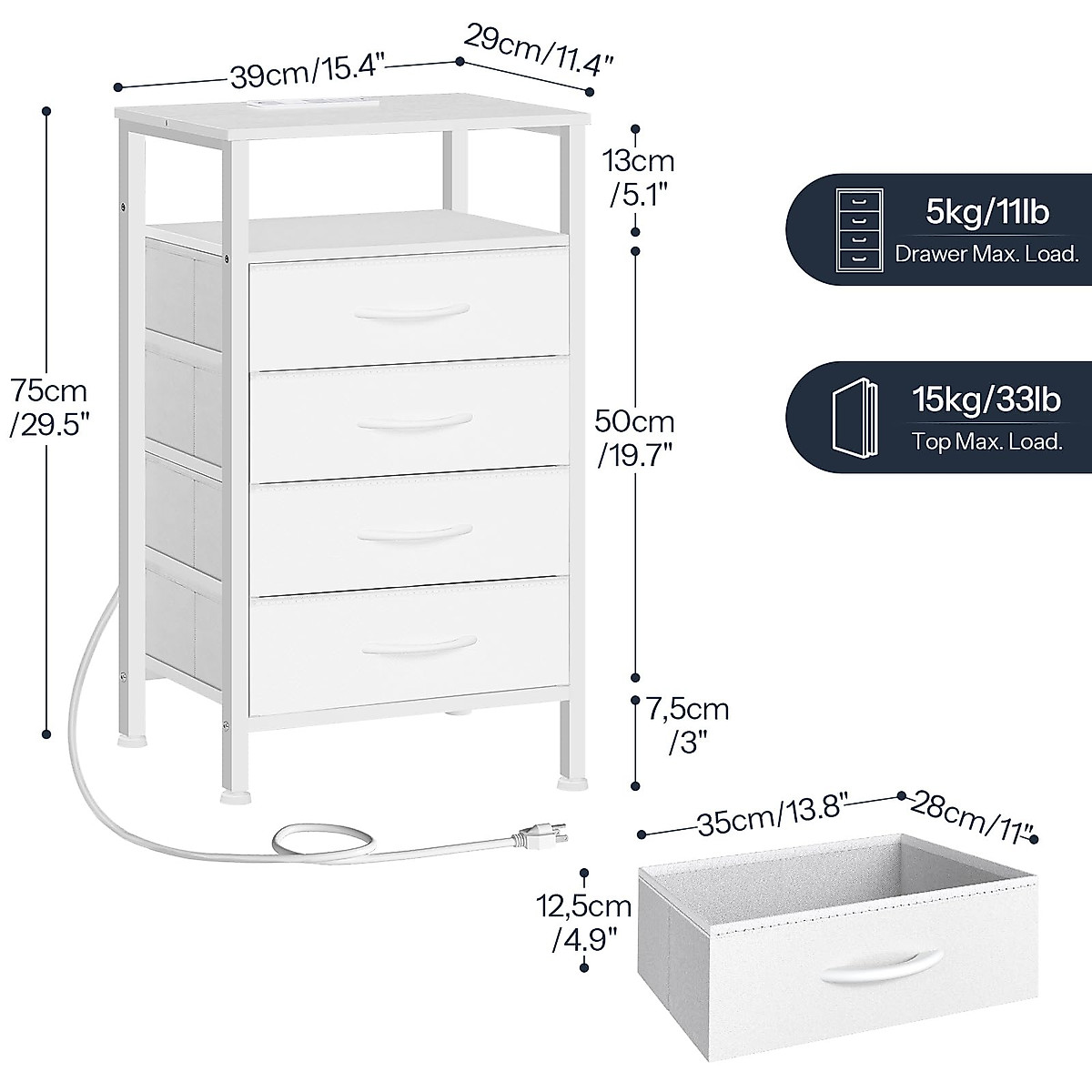 HOOBRO Nightstand with Charging Station and LED Light, End Table with 4 Fabric Drawers, Bedside Table with Outlet and USB Ports, Tall Night Stand for Bedroom, White WT404UDBZ01