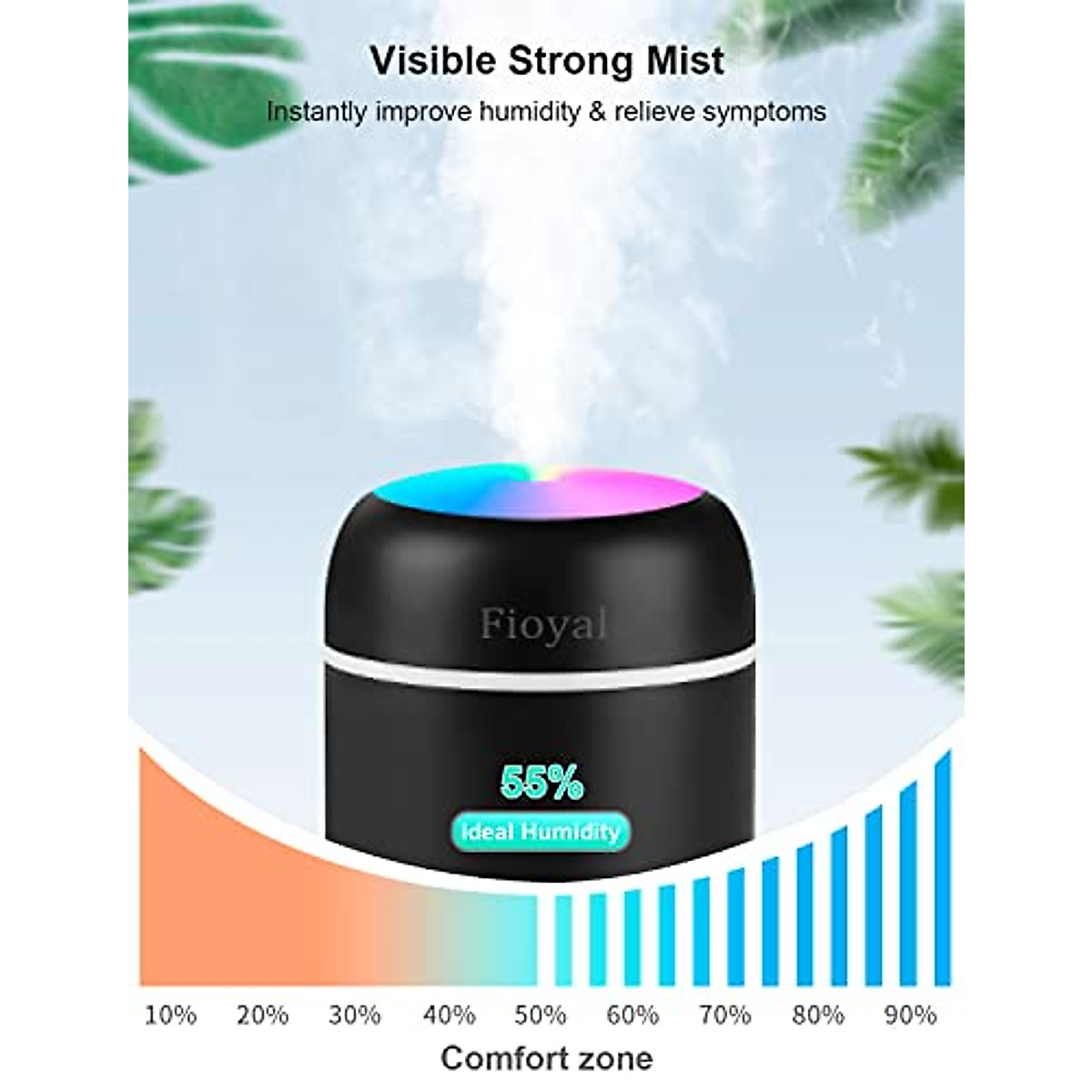 Portable Mini Humidifier, Fioyal RGB Light Small Humidifiers for Bedroom, Car, Desktop, 2 Cool Mist Modes, Quiet(300ML, Black)