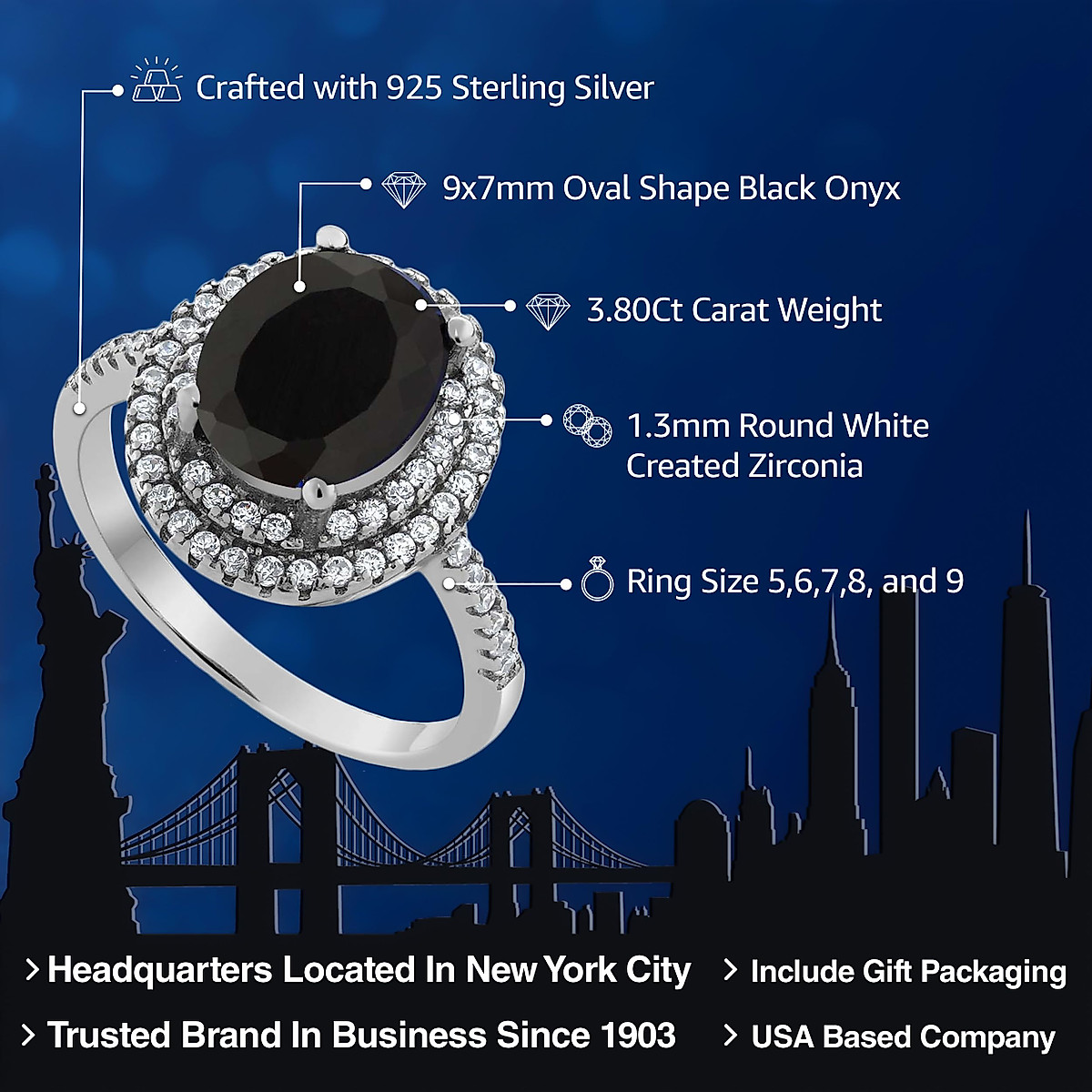 Gem Stone King 925 Sterling Silver Black Onyx Ring For Women (3.80 Cttw, Oval 9X7MM, Gemstone Birthstone, Available In Size 5, 6, 7, 8, 9)