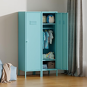 DAYTOYS Metal Storage Cabinet for Kids Bedroom, School Classroom,Office, Home-Kids Lockers Cabinet with 2 Shelves and Hanging Rod-Stackable Steel Storage Cabinet for Home (Blue)