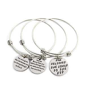 L.Beautiful 3 Pack Women Engraved Message Inspirational Words Round Charm Bracelets Set Expandable Silver Plated Stainless Steel Motivational Bangle Bracelet with Gift Box