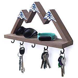 Wood Mountain Shelf - Key Holder Wall Mount Cute - Mountain Themed Nursery Décor - Farmhouse Key Holder for Wall (Brown/Blue)