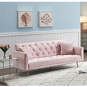 72"Modern Velvet Sofa Bed Futon,Convertible Folding Sleeper Bed Couches with 3 Adjustable Backrests,Tufted Recliner Loveseat with Golden Chrome Legs for Small Living Room Office (Light Pink+pillows)
