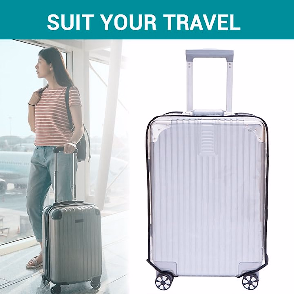 Clear Suitcase Cover - 20 24 26 28 30 Inch Waterproof PVC Suitcase Cover - Transparent Travel Suitcase Wrap - Protective Cover Case for Wheeled Luggage (24-Inch)