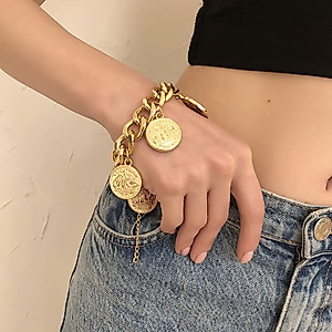 Jumwrit Chunky Chain Bracelet Punk Cuban Curb Link Chain Bracelet Statement Gold Coin Bracelet for Women
