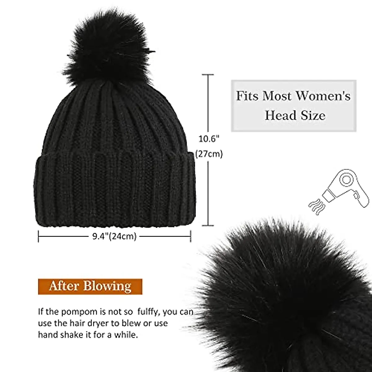 Muryobao Womens Winter Beanie Hat Warm Silk Satin Lined Cuffed Cable Knit Hat with Detachable Pom Ski Skull Cap Black