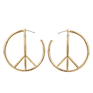 Peace Sign Symbol Geometric Stud Earrings Jewelry Minimalist Big Round Hoop Statement Earrings for Women (Gold)
