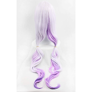 Anime Cosplay Wig Long Purple White Mixed Gradient Hair Synthetic Wigs+6 Balls+Horn+Tail