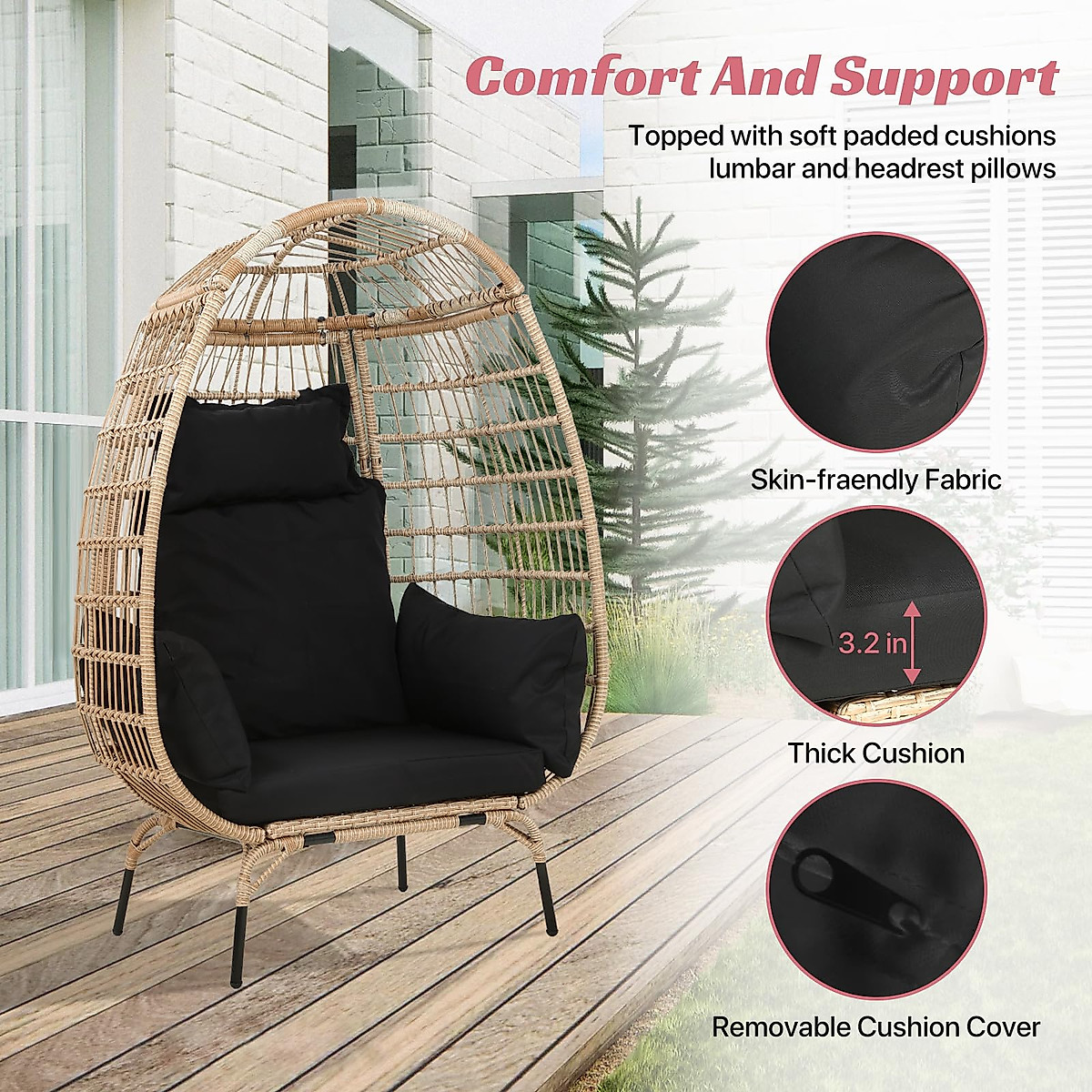Dkelincs Wicker Egg Chair Indoor Outdoor Lounge Chair Patio Reading Chair Oversized Rattan Egg Chair for Patio, Backyard, Garden, Living Room w/ 4 Cushions Steel Frame, 352lb Capacity(Black)