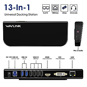 WAVLINK USB Laptop Docking Station Dual Monitors, DisplayLink Computer Dock for M1 M2 Mac and Windows, ChromeOS, Ubuntu 20.04/22.04 (HDMI & HDMI/DVI/VGA, 6xUSB Ports, LAN, Audio)