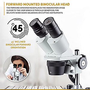AmScope SE306R-P-LED Forward-Mounted Binocular Stereo Microscope, WF10x Eyepieces, 20X and 40X Magnification, 2X and 4X Objectives, Upper and Lower LED Lighting, Reversible Black/White Stage Plate, Pillar Stand, 120V or Battery-Powered
