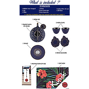 KIYOSHI Luxury 7PC Japanese Tea Set."Midnight Blue Koi" Cast Iron Tea Pot with 2 Tea Cups, 2 Saucers, Loose Leaf Tea Infuser and Teapot Trivet. Ceremonial Matcha Accessories