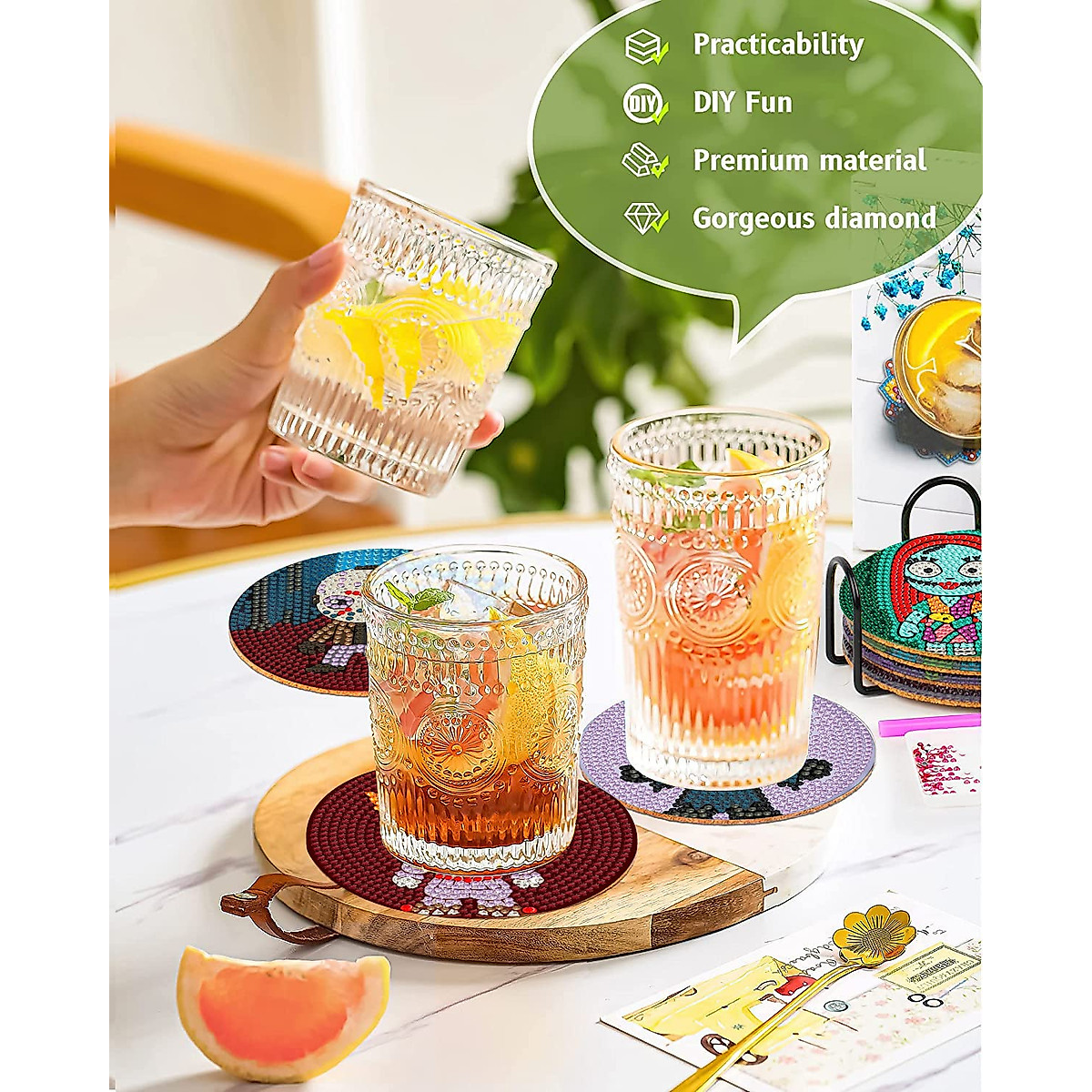 8Pcs Diamond Painting Coasters with Holder,DIY Halloween Life Coaster Diamond Art Kits for Adults Kids,Beginners Round Full Drill Diamond Art Craft Supplies