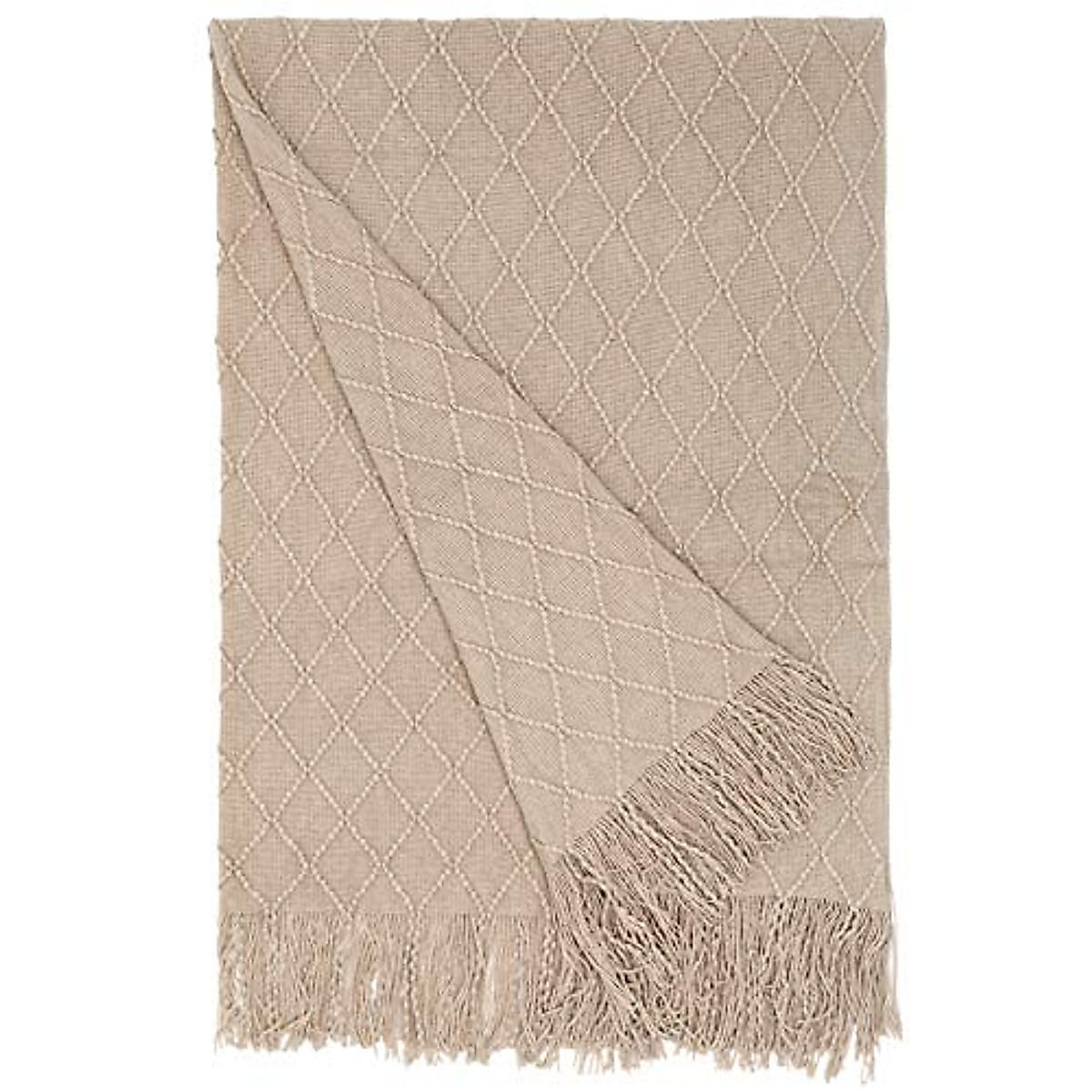 Decorative Diamond Pattern Knit Throw Blanket with Fringe, Khaki