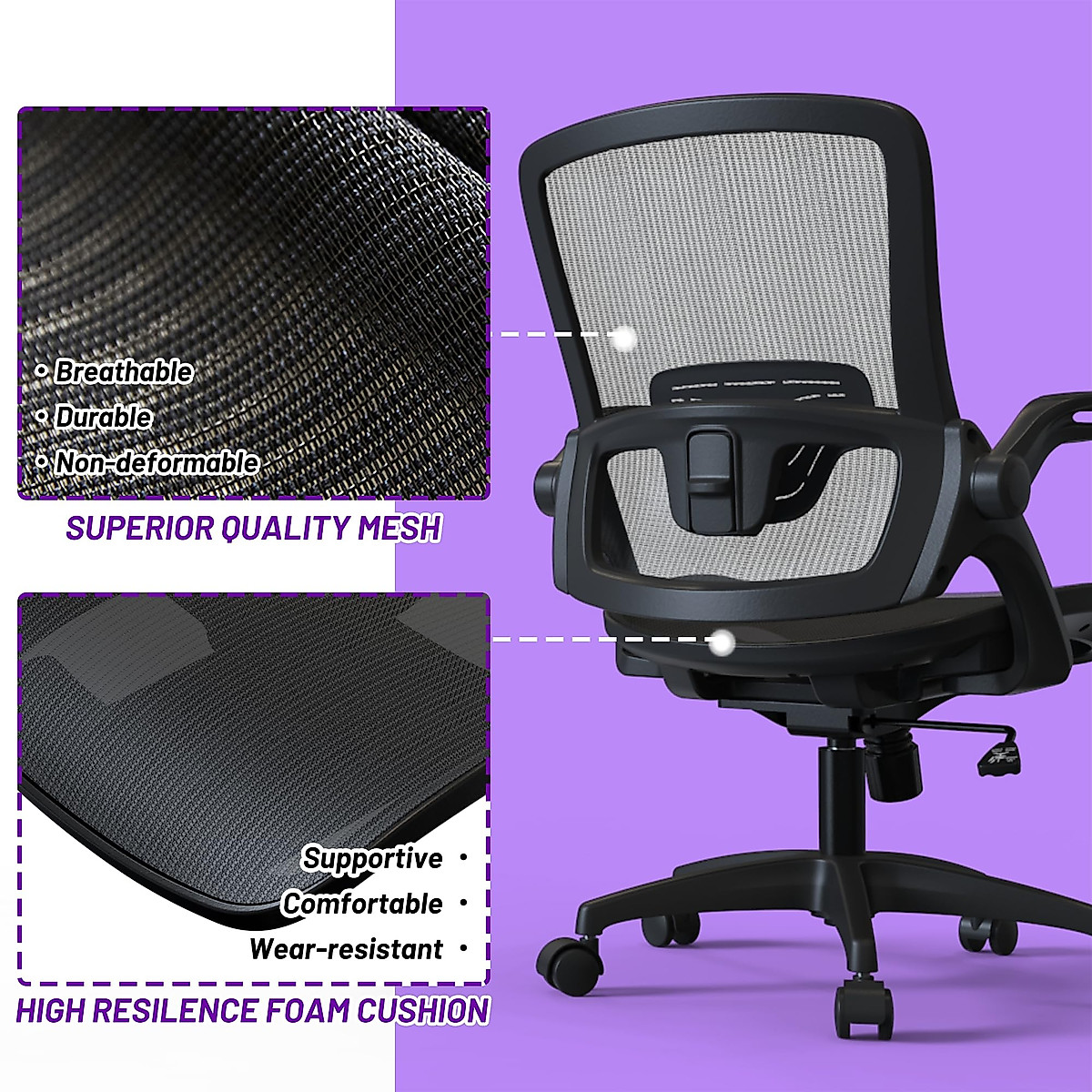 Ergonomic Mesh Seat Home Office Computer Desk Chair Height Adjustable Lumbar Support with Flip Up Arms Swivel Wheels for Adult