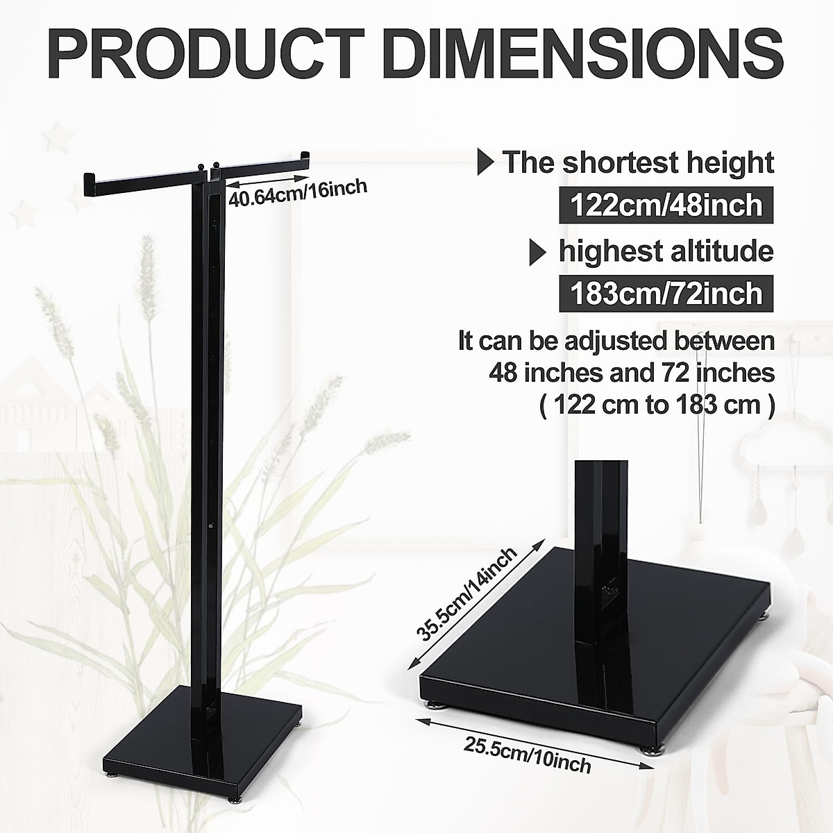 Weysat 2 Way Clothing Rack with 16" Straight Arms Adjustable From 48" to 72" Heavy Duty Clothing Display Stand for Boutique Shops Large Retail Stores and Home Storage, Rectangular Tubing (Black)