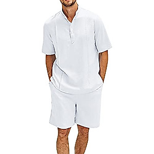 FAMOORE Mens Spring and Summer Beach Solid Color Short Sleeved Shorts Cotton and Linen Suit Two Piece White