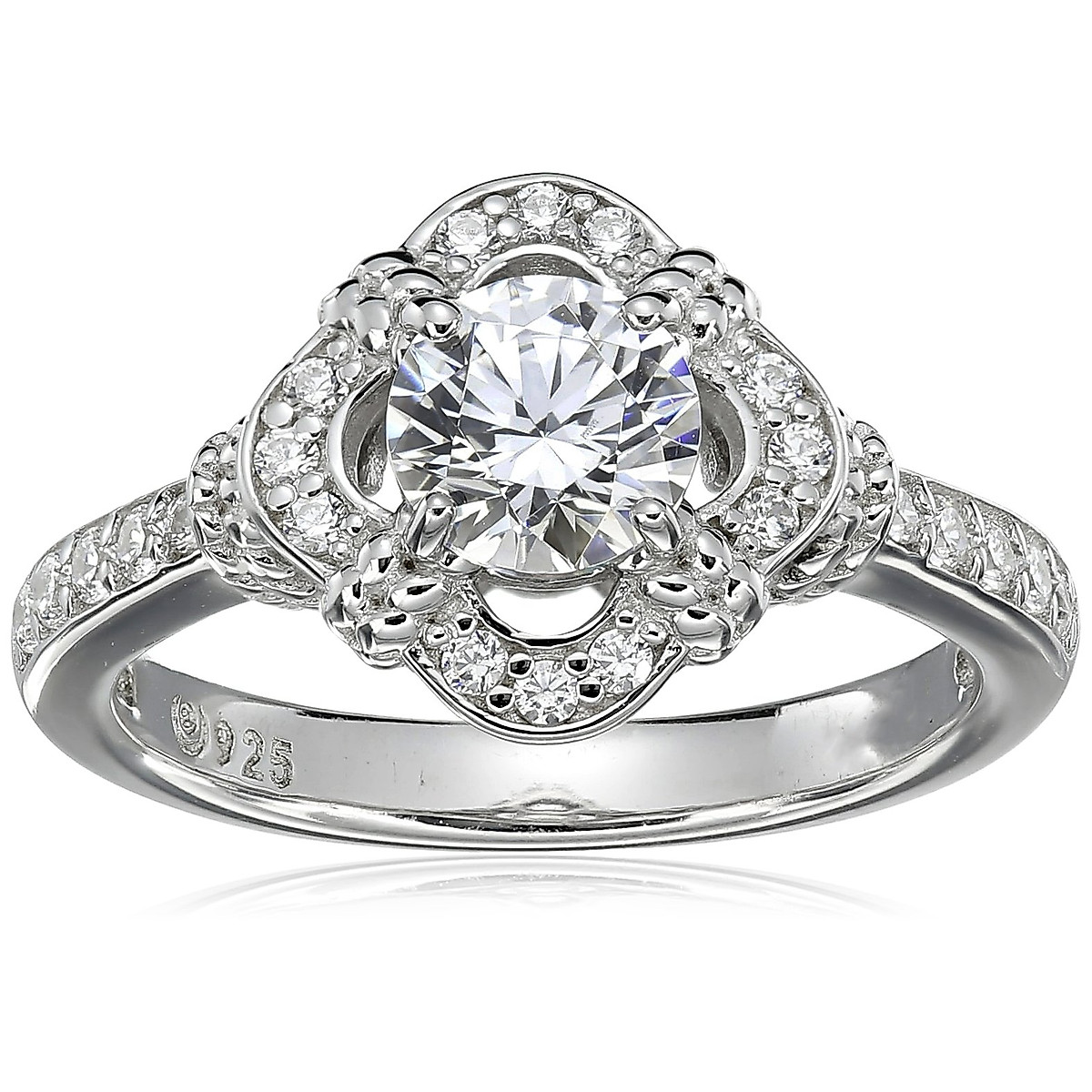 Amazon Essentials Sterling Silver Platinum Plated Infinite Elements Cubic Zirconia Framed Halo Antique Ring, Size 6, (previously Amazon Collection)