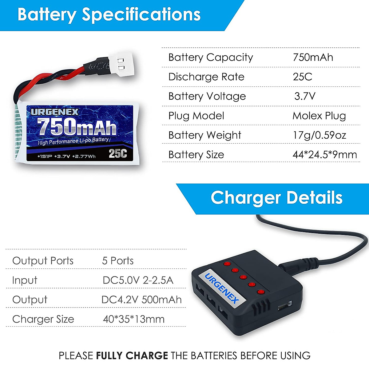 URGENEX 3.7V Lipo Battery 750mAh 25C Rechargeable 5 Pack Lipo Batteries with Molex Plug 5 in 1 Charger for Syma X5 X5SW X5C X5C1 RC Quadcopter Drone Spare Parts