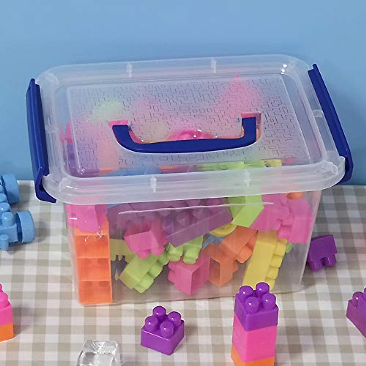 Waikhomes 3L Plastic Storage Containers Set of 6, Latching Storage Bin with Handle (Blue handle), f