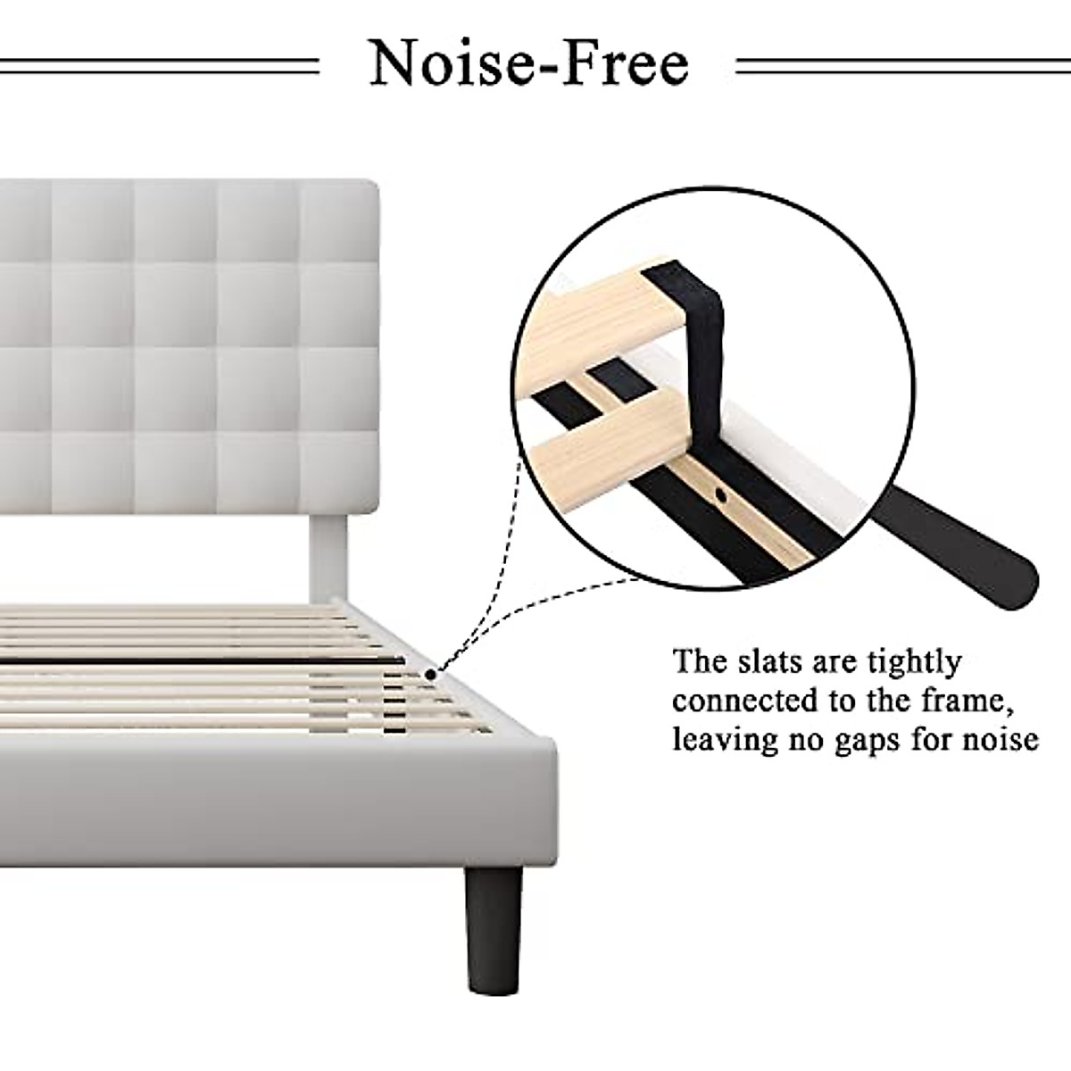 Feonase King Size Bed Frame with Square Stitched Headboard, Faux Leather Upholstered Platform Bed Frame, High-Density Sponge Filled, Solid Wood Slats, No Box Spring Needed, Noise-Free, White