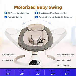 Luxccaiw Baby Swing for Infants,Electric Bouncer for Babies- Bluetooth Touch Screen/Remote ControTiming Function 5 Swing Speeds Baby Rocker Chair with Music Speaker 5 Point Harness Remote Control Gray
