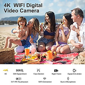 ORDRO 4K Camcorder Video Camera New 1080P 60FPS 30X Digital Zoom Vlog Camera IR Night Vision WiFi Camcorder with Mic, Wide Angle Lens, Handheld Holder, 64GB SD Card