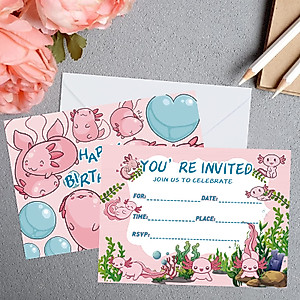 UOKRANH 16PCS Axolotl Birthday Invitation Cards 16PCS Animal Anime Postcard Styles 5x7 inches Invitations With Axolotl Graffiti Birthday Party Invite Card Supplies for Children（Envelope Included）