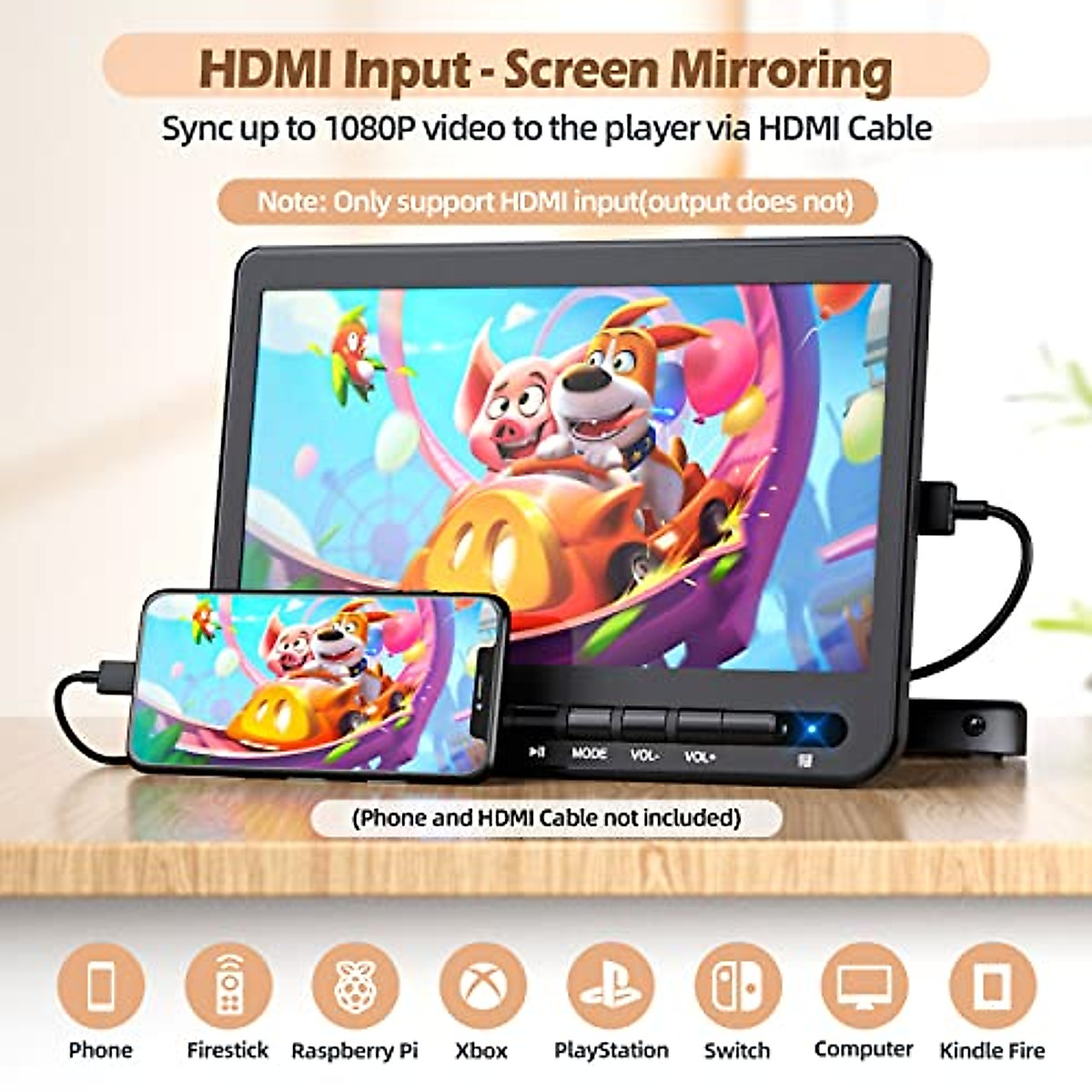 10.5" Dual Portable DVD Player for Car with 1080P HDMI Input, DESOBRY Rechargable Car DVD Player Dual Screen Play A Same or Two Different Movies, 5-Hour Battery, Support USB,AV in/Out, Last Memory