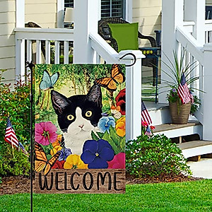 CMEGKE Spring Welcome Cat Butterfly Floral Garden Flag, Spring Summer Cat Flags, Spring Summer Flags Summer Spring Rustic Vertical Double Sided Burlap Cat Butterfly Floral Home Holiday Party Farmhouse Yard Lawn Outside Decorations 12.5 x 18 In