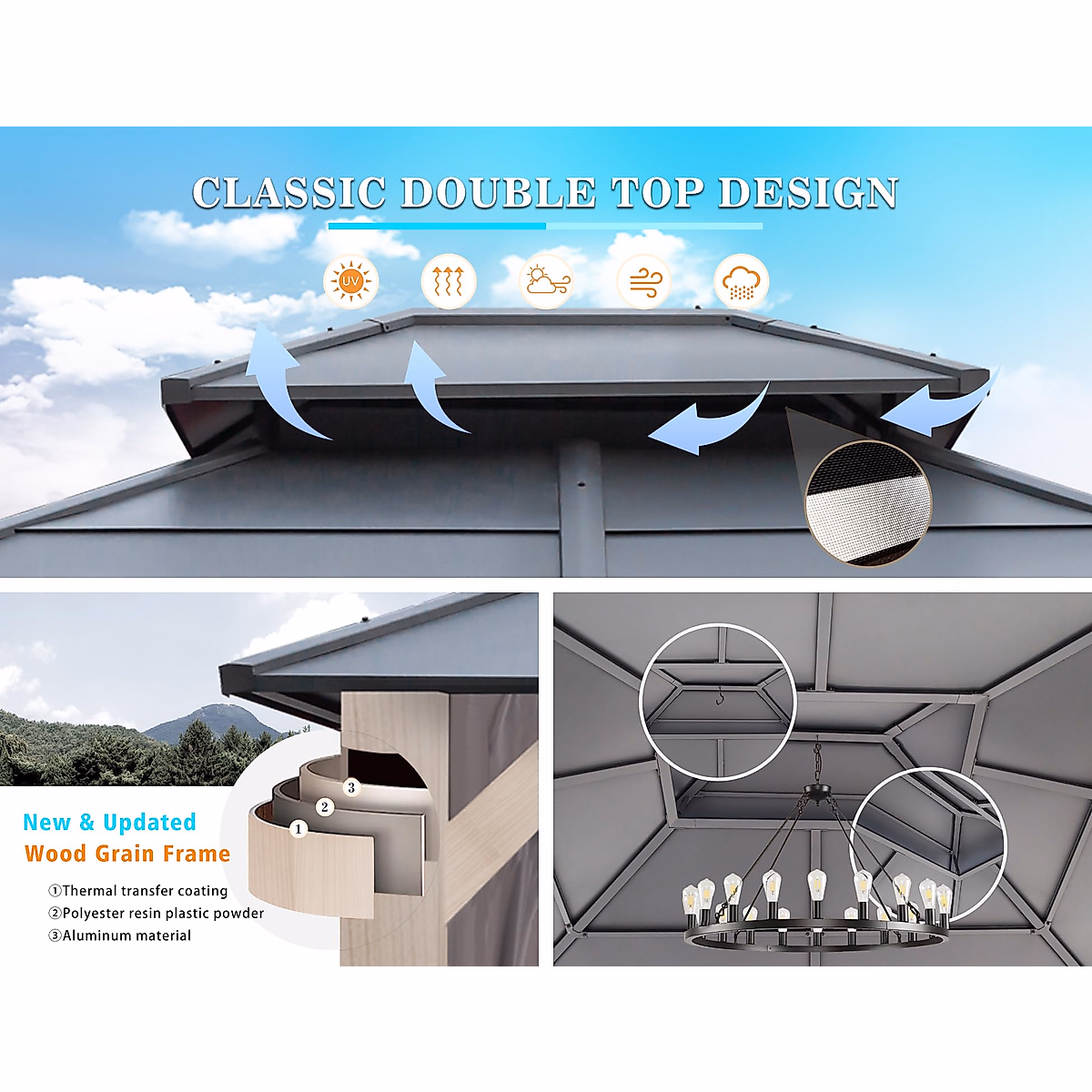 Hofzelt 10' x 12' Hardtop Gazebo, Heavy-Duty Aluminum Frame with Iron Roof, Featuring White Wood Grain Heat Transfer Pillars, Inclusive of Mosquito Netting and Privacy Sidewalls