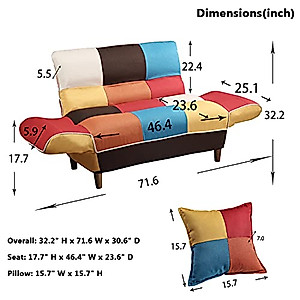 Convertible Futon Sofa Bed with 2 Pillows, Loveseat Sleeper Sofa Futon Couch, Recliner Couch with Adjustable Armrest and Wood Legs, Living Room Sofa with 3-Angle Backrest for Small Space (Colorful)