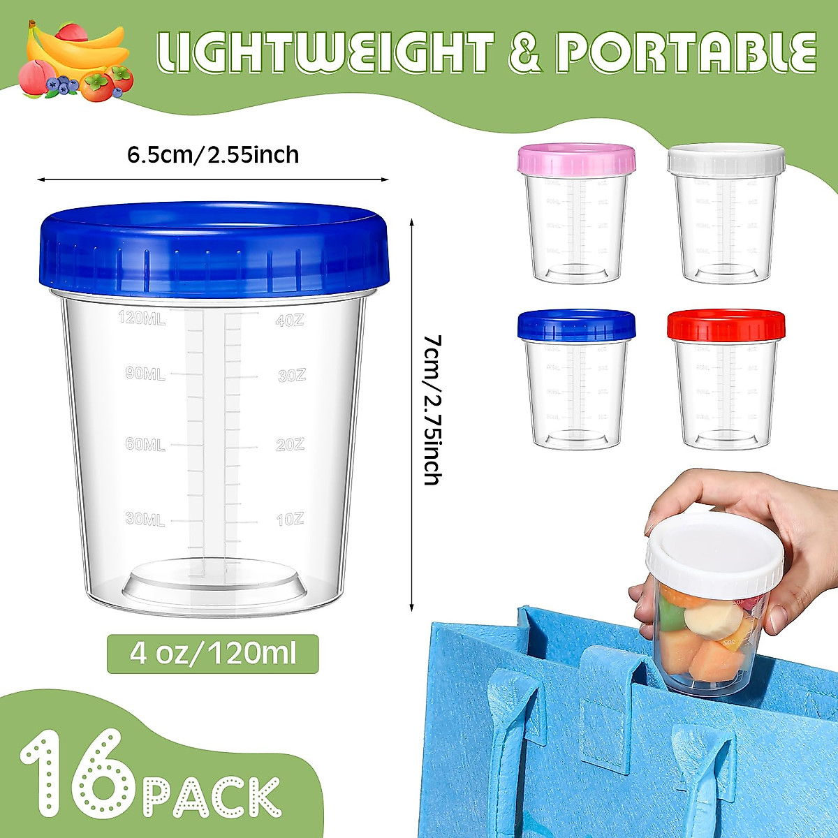 Singhoow 16 Pcs 4 oz Food Containers with Screw Lids Food Storage Jars Pudding Cups Reusable Small Plastic Freezer Containers for Sauce, Jam and Puree, Ice Cream