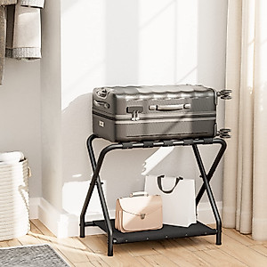 HOOBRO Luggage Rack, Folding Suitcase Stand with Fabric Storage Shelf for Guest Room, Bedroom, Hotel, Holds up to 100 lb, 27 x 15.3 x 22 Inches, Space Saving, Black BK04XL01