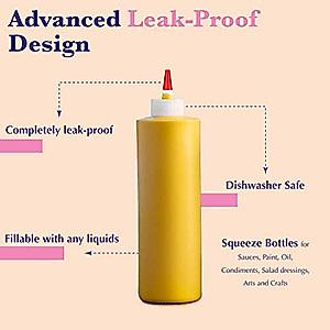 6-pack Premium Plastic Condiment Squeeze Squirt Bottles for Sauces, Paint,Oil, Condiments,Salad Dressings, Arts and Crafts - Food Grade-Includes Funnel, Erasable Marker and Reusable Labels (16 oz)