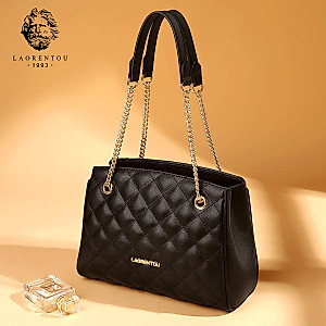 LAORENTOU Cowhide Shoulder Bag for Women Leather Quilted Purses Lady Handbag With Chain Strap