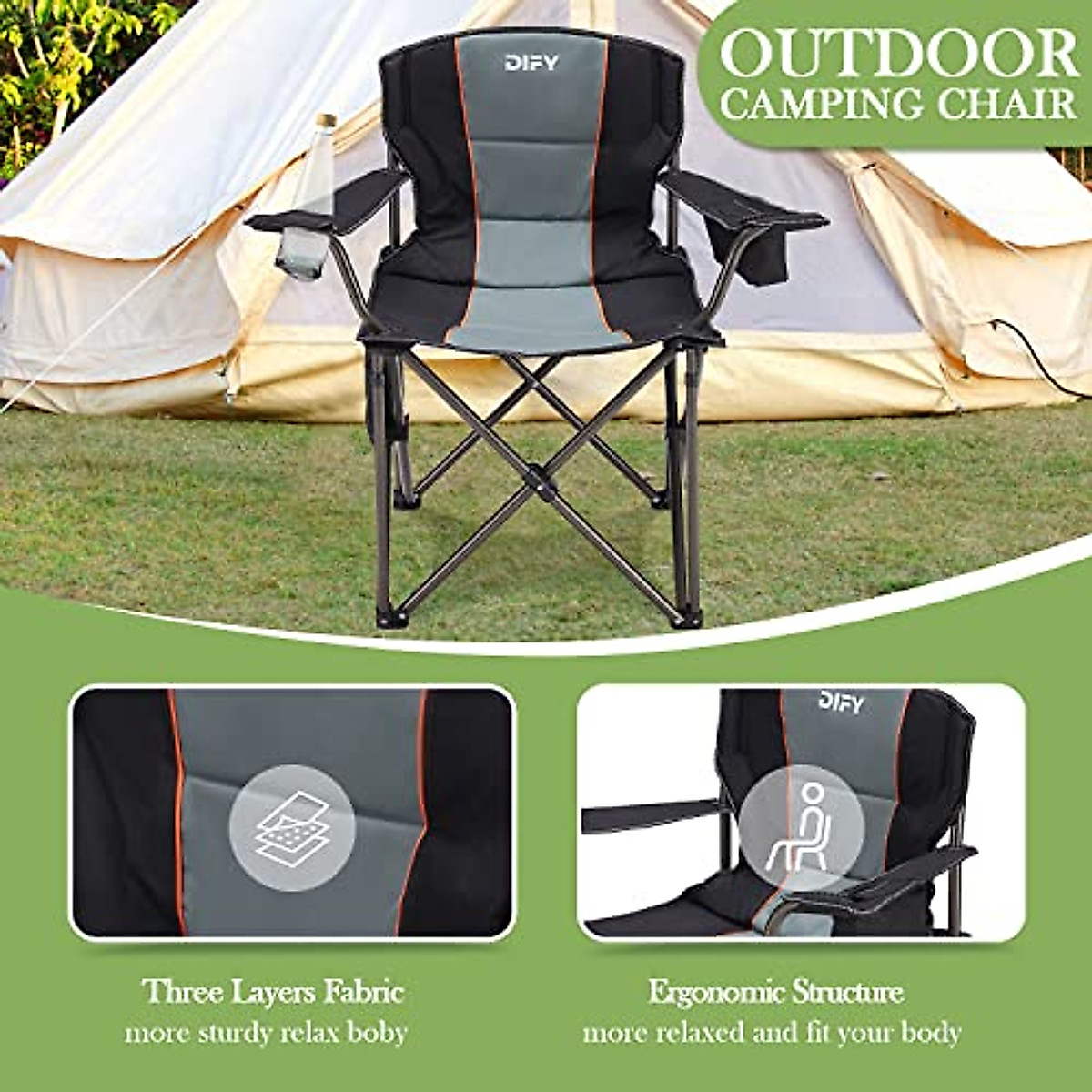 DIFY Oversized Camping Chair, Fortable and Portable, Padded Adjustable Armrest, Max Weight 450lbs. Outdoor Chair with Cup Holder & ice Bag.(Black)