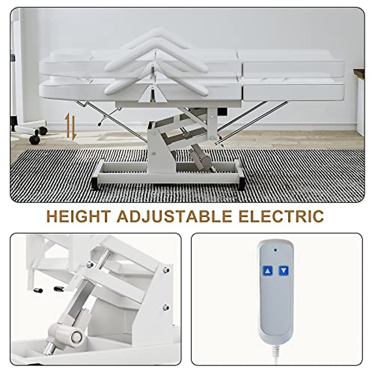 Paddie Electric Height Adjustable Tattoo Spa Bed Chair, Electric Lift Massage Table 3-Section Folding with Storage Pocket for Client/Esthetician/Artist, White