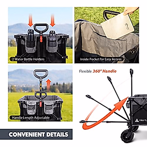 Hikenture Collapsible Wagon with Big Wheels, Enlarged Capacity Beach Wagon for Sand, Heavy Duty Folding Wagon Cart with 2 Drink Holders, Portable Utility Foldable Garden Cart for Outdoor, Camping