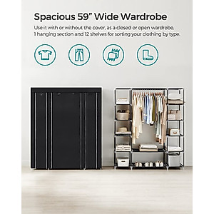 SONGMICS Closet Wardrobe, Portable Closet for Bedroom, Clothes Rail with Non-Woven Fabric Cover, Clothes Storage Organizer, 59 x 17.7 x 69 Inches, 12 Compartments, Black ULSF03H