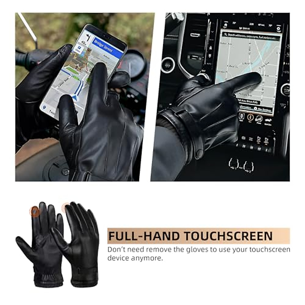 SANKUU Winter Leather Gloves for Men, Touchscreen Snap Closure Cycling Black Gloves Outdoor Riding Warm Waterproof Gloves(Large)