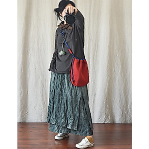 NFYM Women's Cotton Linen Skirts Textured Casual Layered Elastic Waistband Slit Mid-Calf Skirt with Pockets (as1, Alpha, one_Size, Regular, Regular, Dark Green)