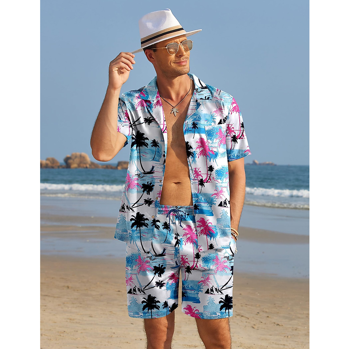 COOFANDY Men's Hawaiian 2 Piece Short Set Cruise Wear Short Sleeve Button Down Shirts and Shorts