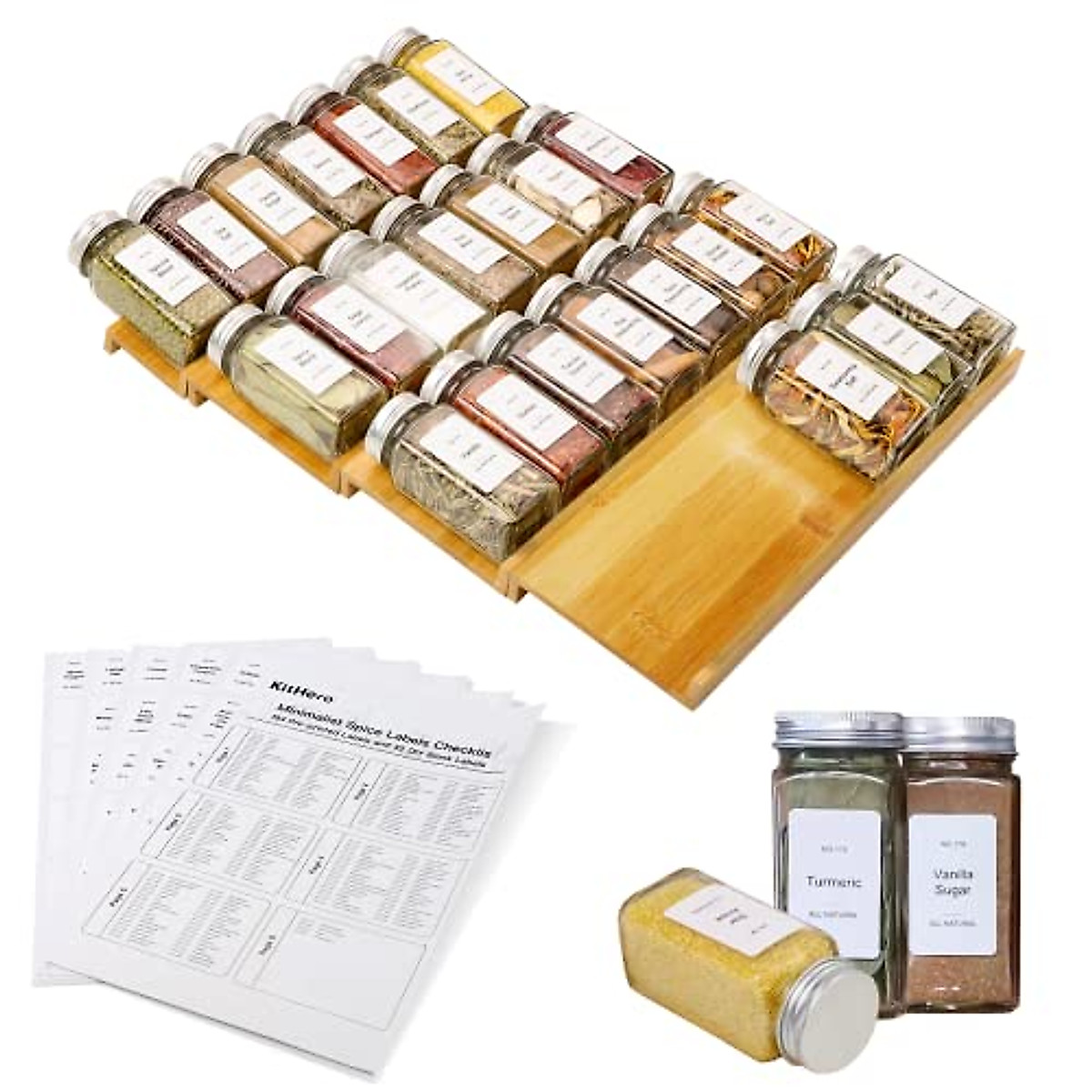 KitHero Spice Drawer Organizer with 24 Spice Jars and 216 Labels,Non-slip Rubber, Bamboo 4 Tier Spice Racks Tray Seasoning Containers for Kitchen Drawers,Cabinets,Countertops,13" Wide * 15.8" Deep